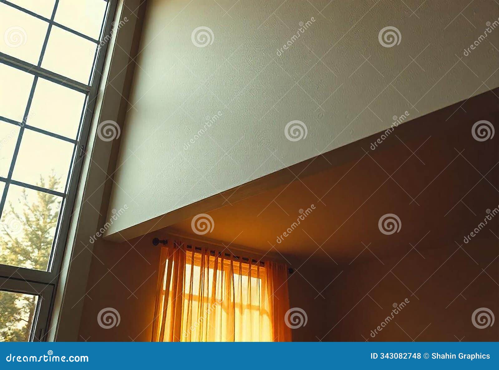 The Interior of a House with a Large Window and a Light on the Ceiling ...