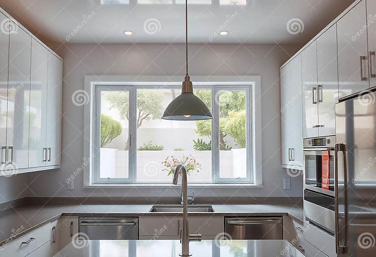 The Interior of a House with a Large Window and a Light on the Ceiling ...