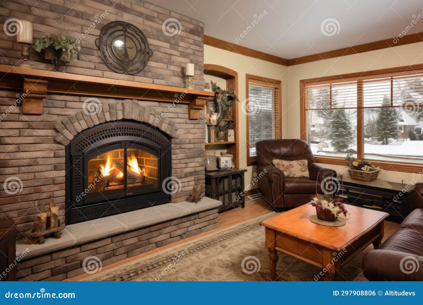 Interior of a House with an Offset Fireplace Stock Photo - Image of ...