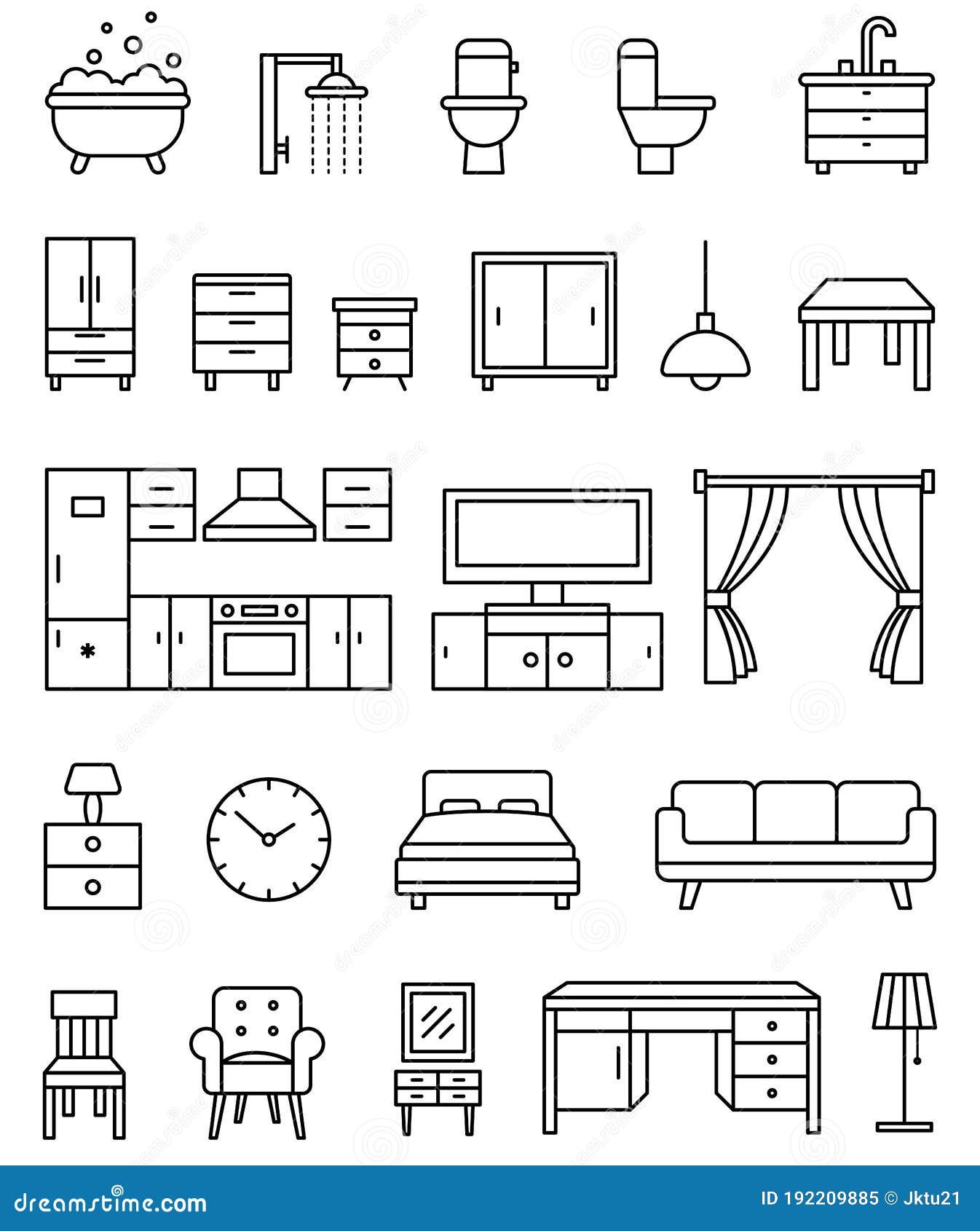 Interior Objects Outline Isolated Icons Vector Set Stock Vector ...