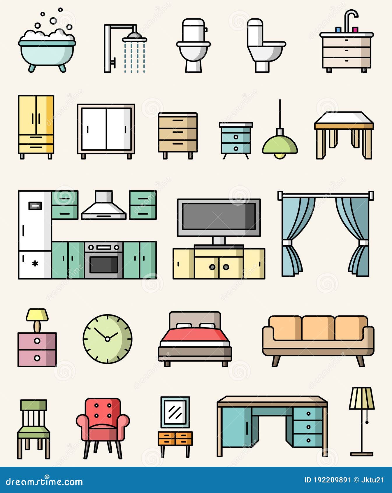 Interior Objects Flat Style Colorful Icons Vector Set Stock Vector ...