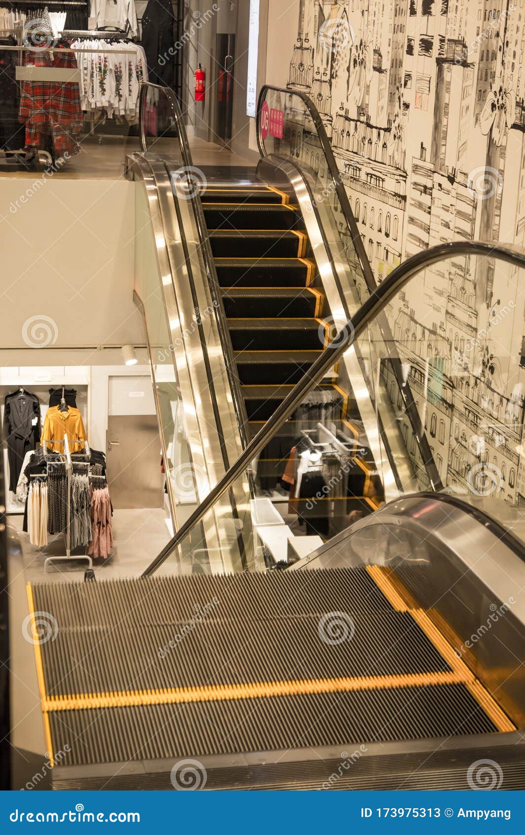 Interior Image of Fashion Store with Up and Down Escalators Stock Image ...