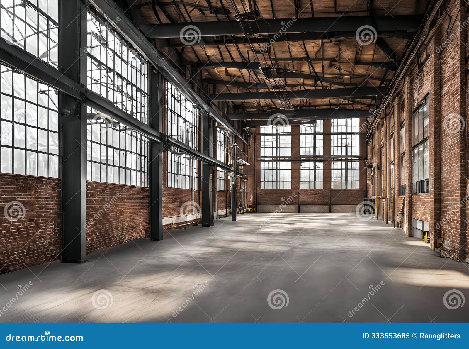 Interior of Industrial Warehouse with Large Windows and Brick Walls. 3d ...