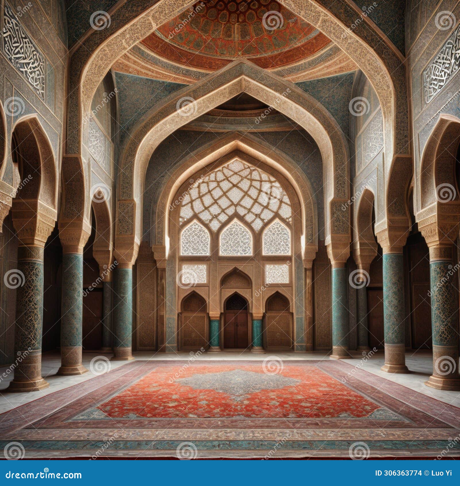 Interior of Islamic mosque stock illustration. Illustration of sunny ...
