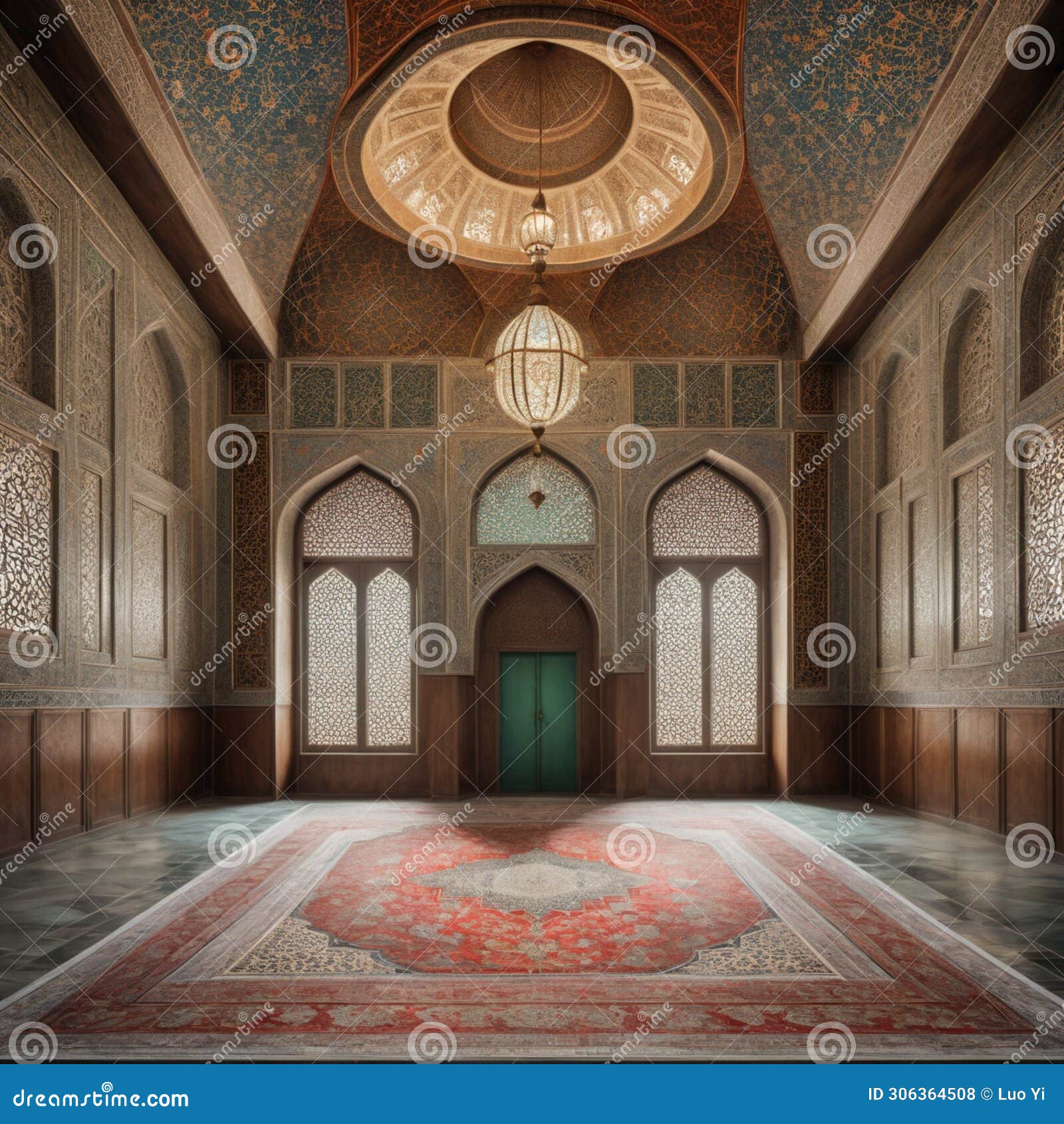 Interior of Islamic mosque stock illustration. Illustration of lights ...