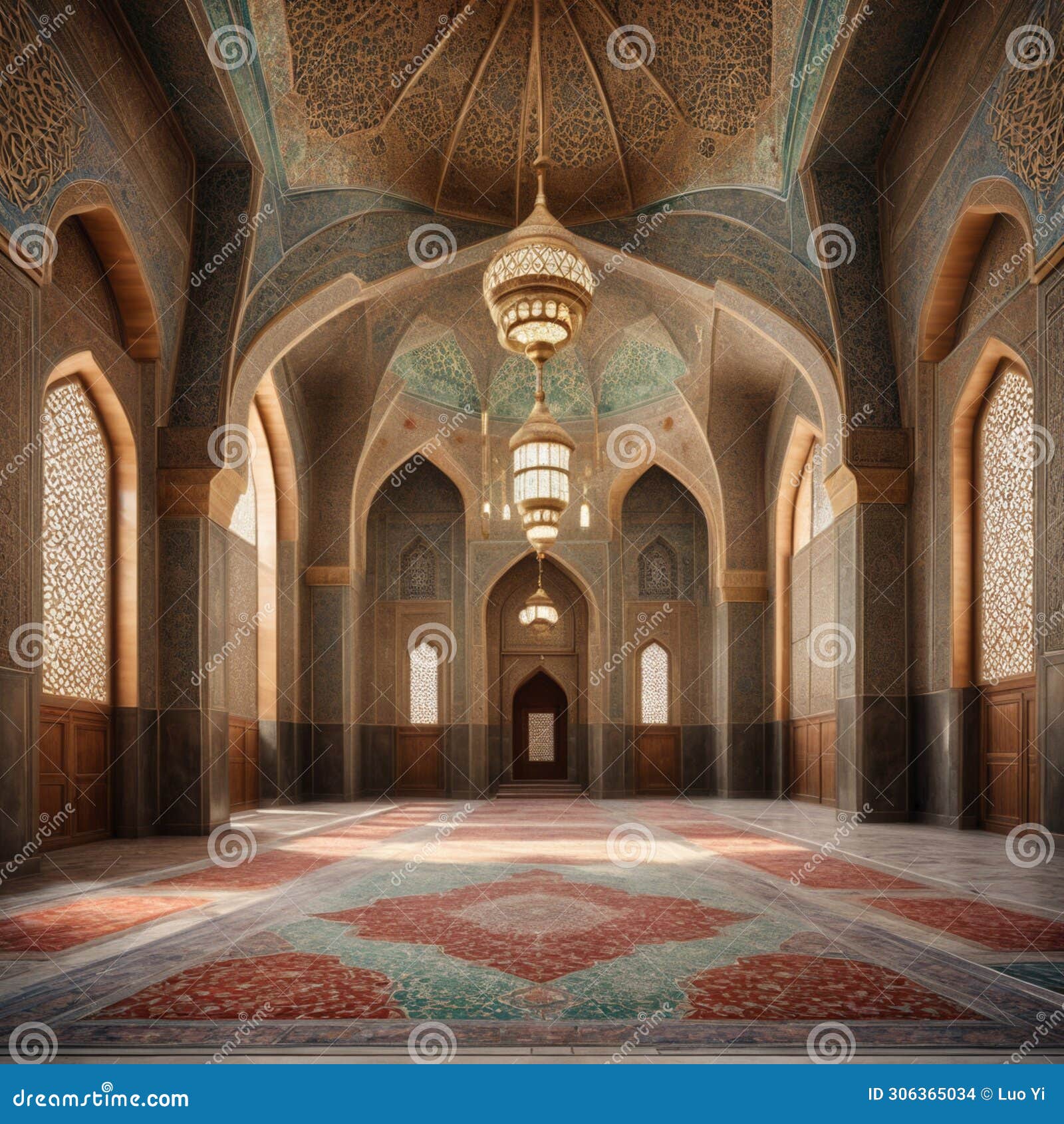 Interior of Islamic mosque stock illustration. Illustration of oriental ...