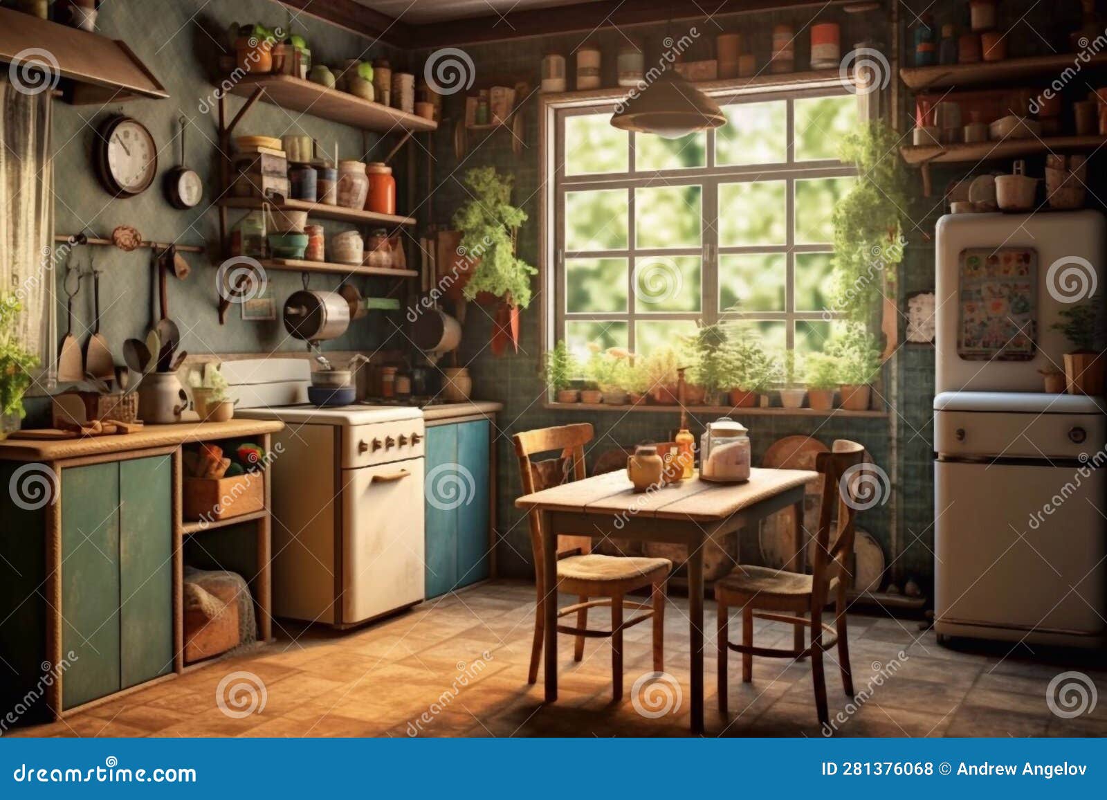 Interior of Kitchen with Glowing Christmas Trees, Dining Table and ...
