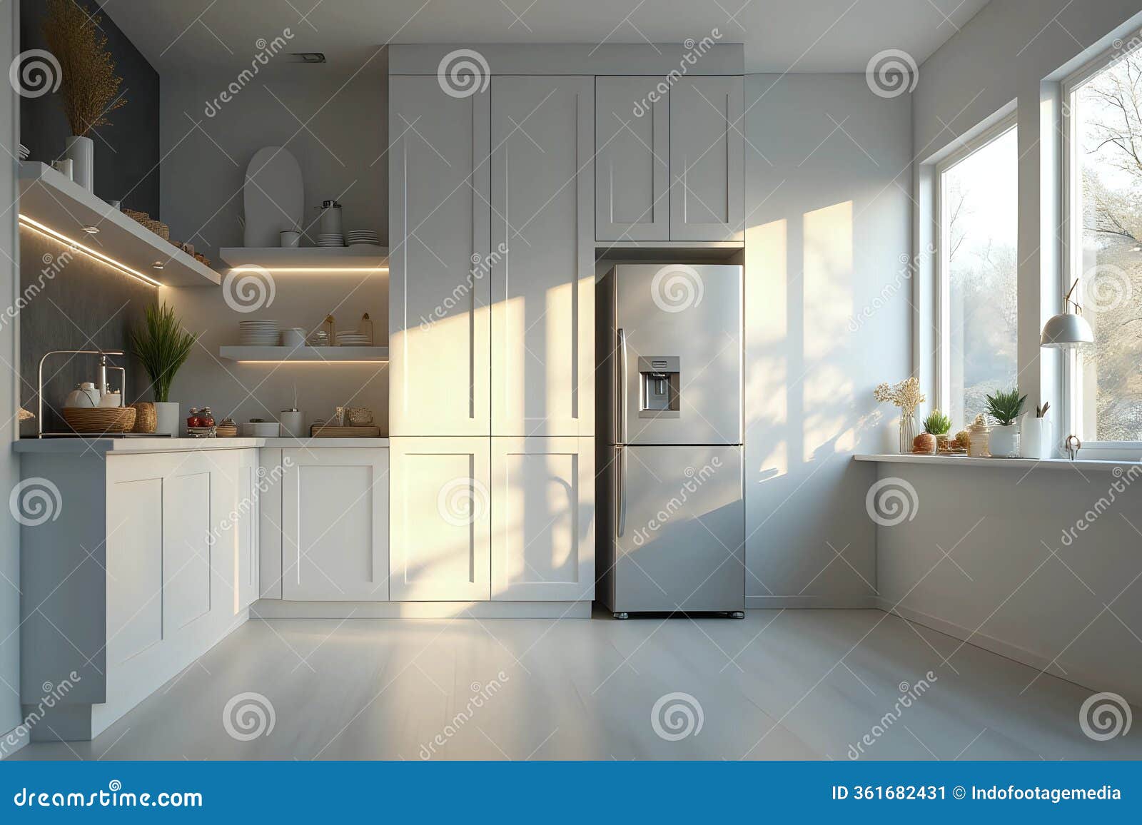 Interior of Kitchen with Modern Fridge, Lights Shadow from Window and ...