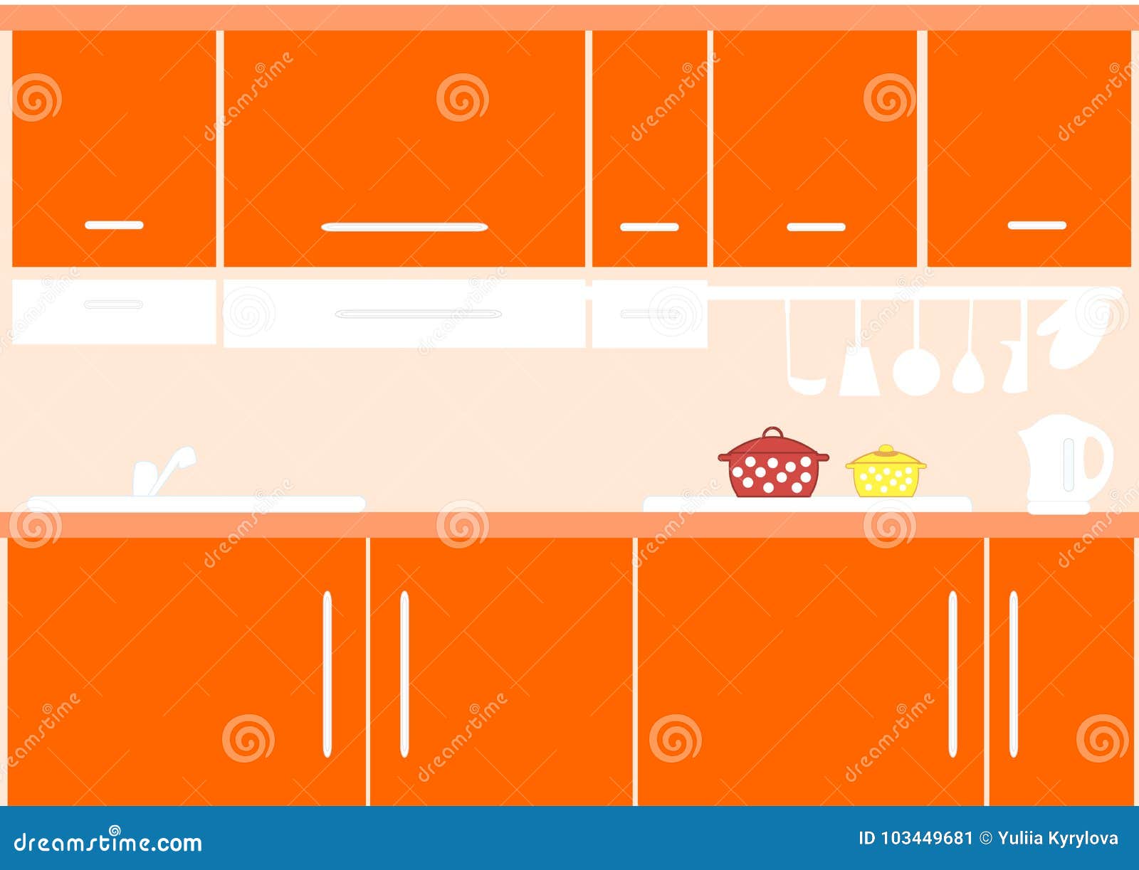 Interior of Kitchen in Orange Color. Stock Vector - Illustration of ...