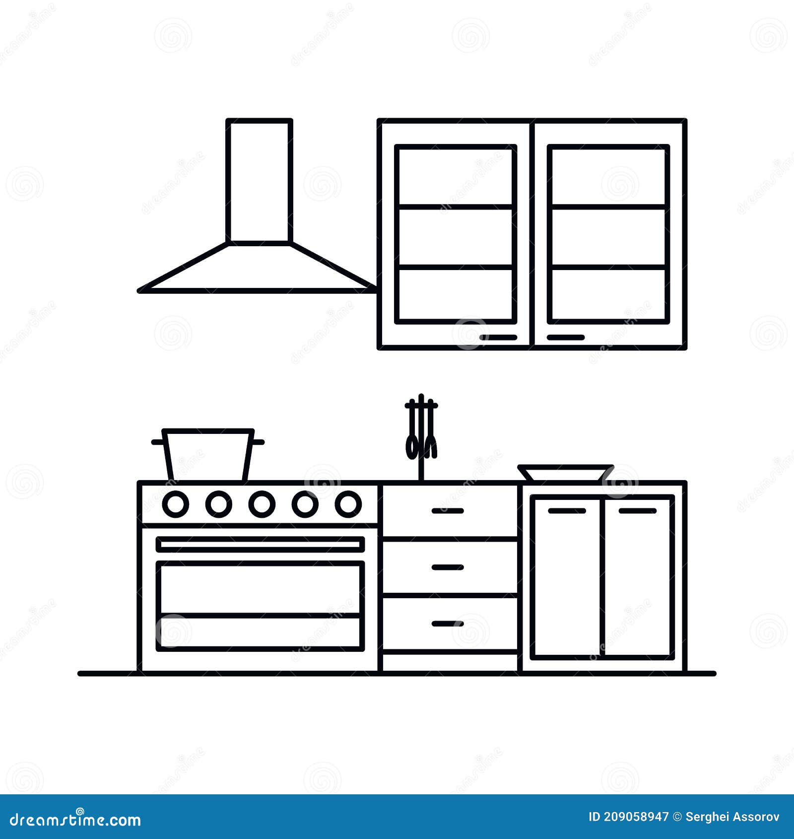 Interior with Kitchen in Outline Style Stock Vector - Illustration of ...