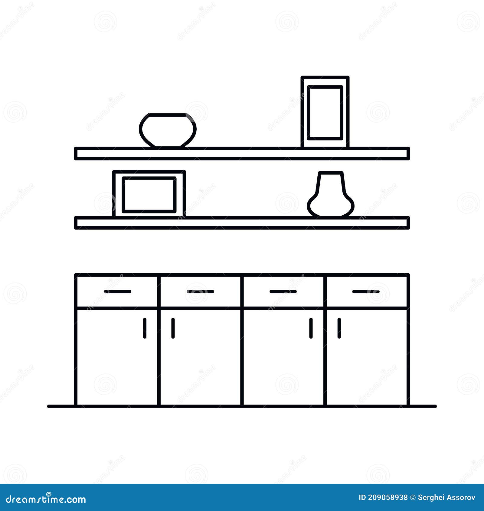 Interior with Kitchen Shelves Cupboard in Outline Style Stock Vector ...