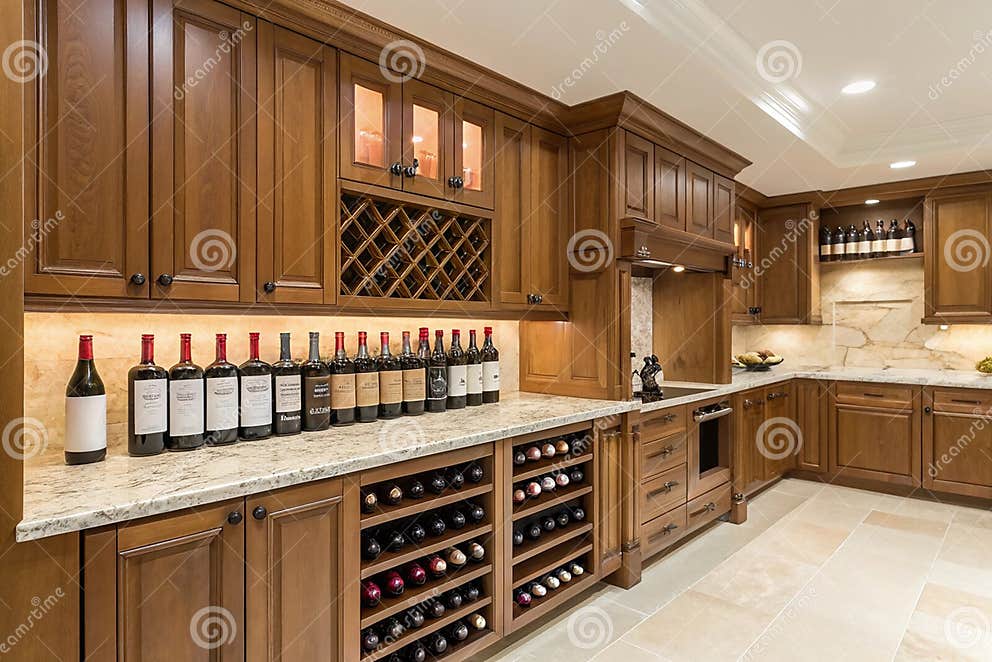 Interior of Kitchen with Wine. Kitchen with Rows of Wine Bottles in ...