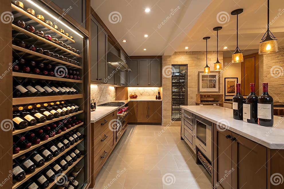 Interior of Kitchen with Wine. Kitchen with Rows of Wine Bottles in ...