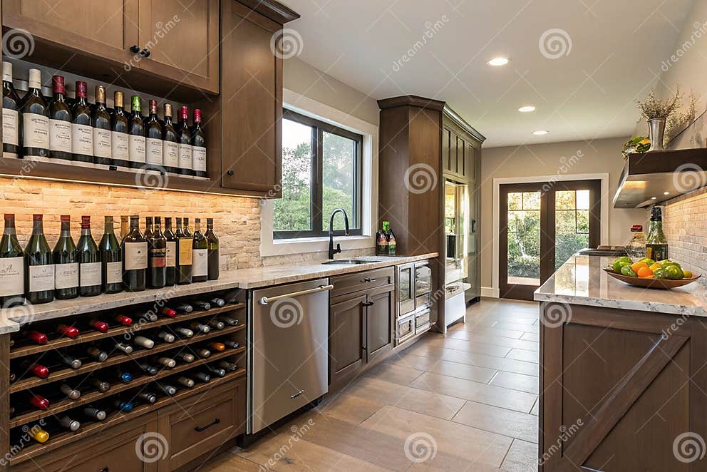 Interior of Kitchen with Wine. Kitchen with Rows of Wine Bottles in ...