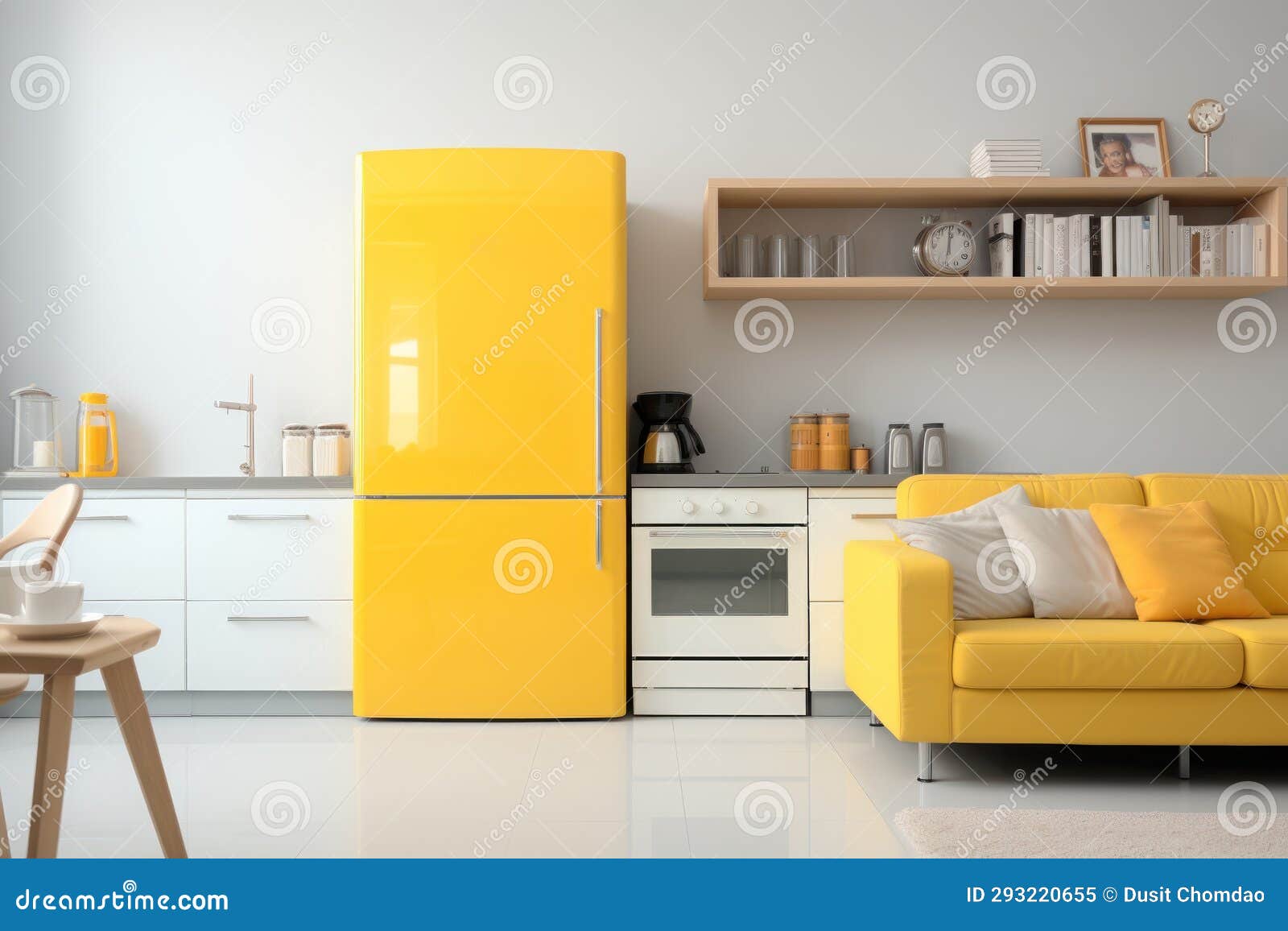 Interior of Kitchen with Yellow Fridge, Counters, Sofa and Shelving ...
