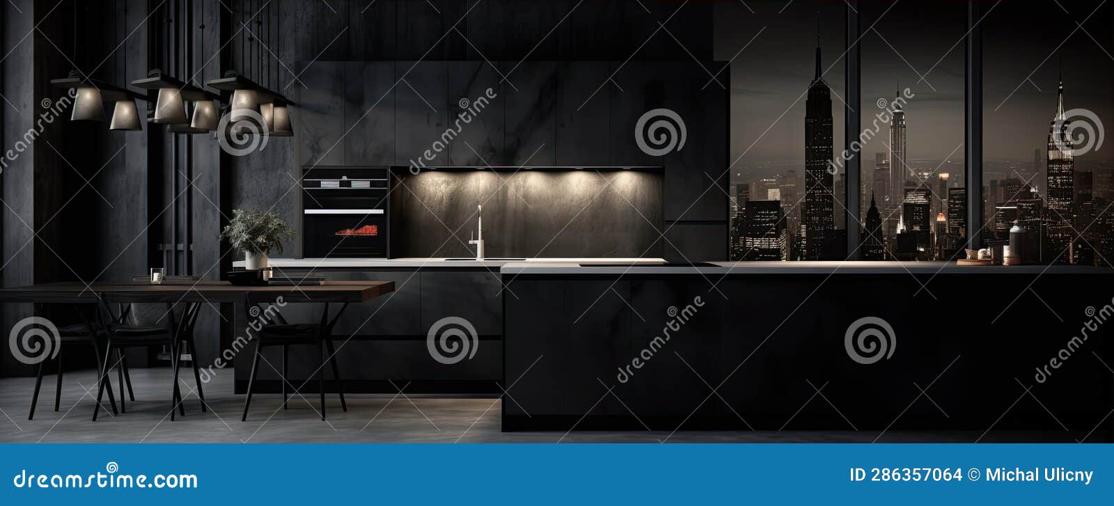 Interior Large Dark Kitchen Stock Illustration - Illustration of luxury ...