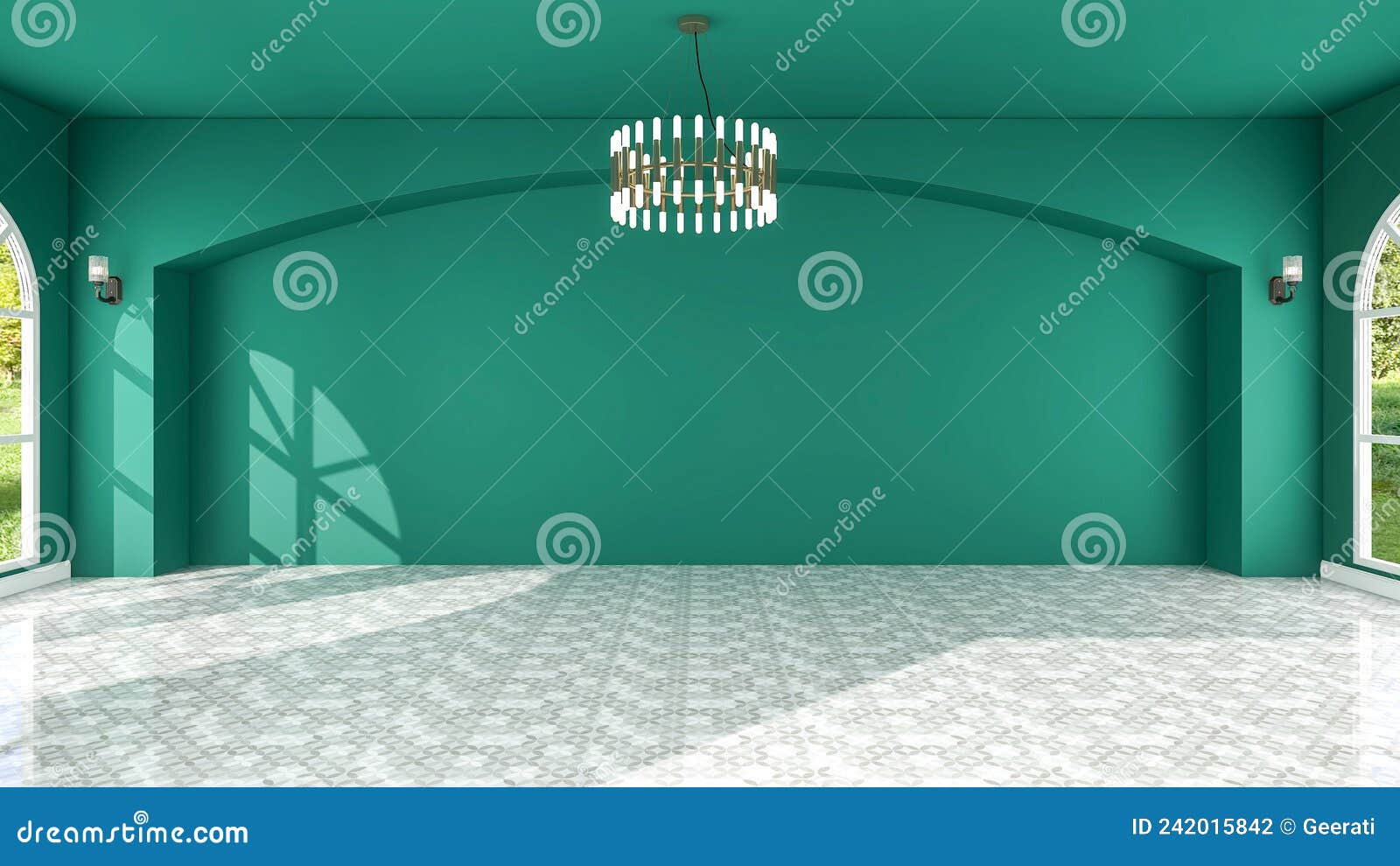 Interior of Large Empty Hall Room with Green Empty Arch Wall and Tile ...