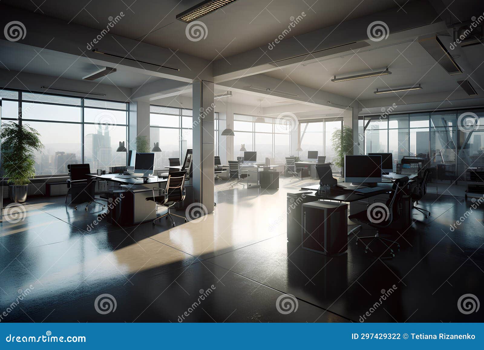 Interior of Large Modern Open Space Office with Large Windows Stock ...