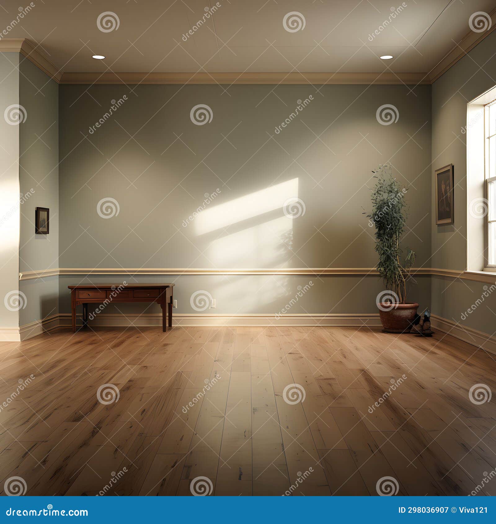 Interior of Large Mostly Empty Room with Table and House Plant. Empty ...