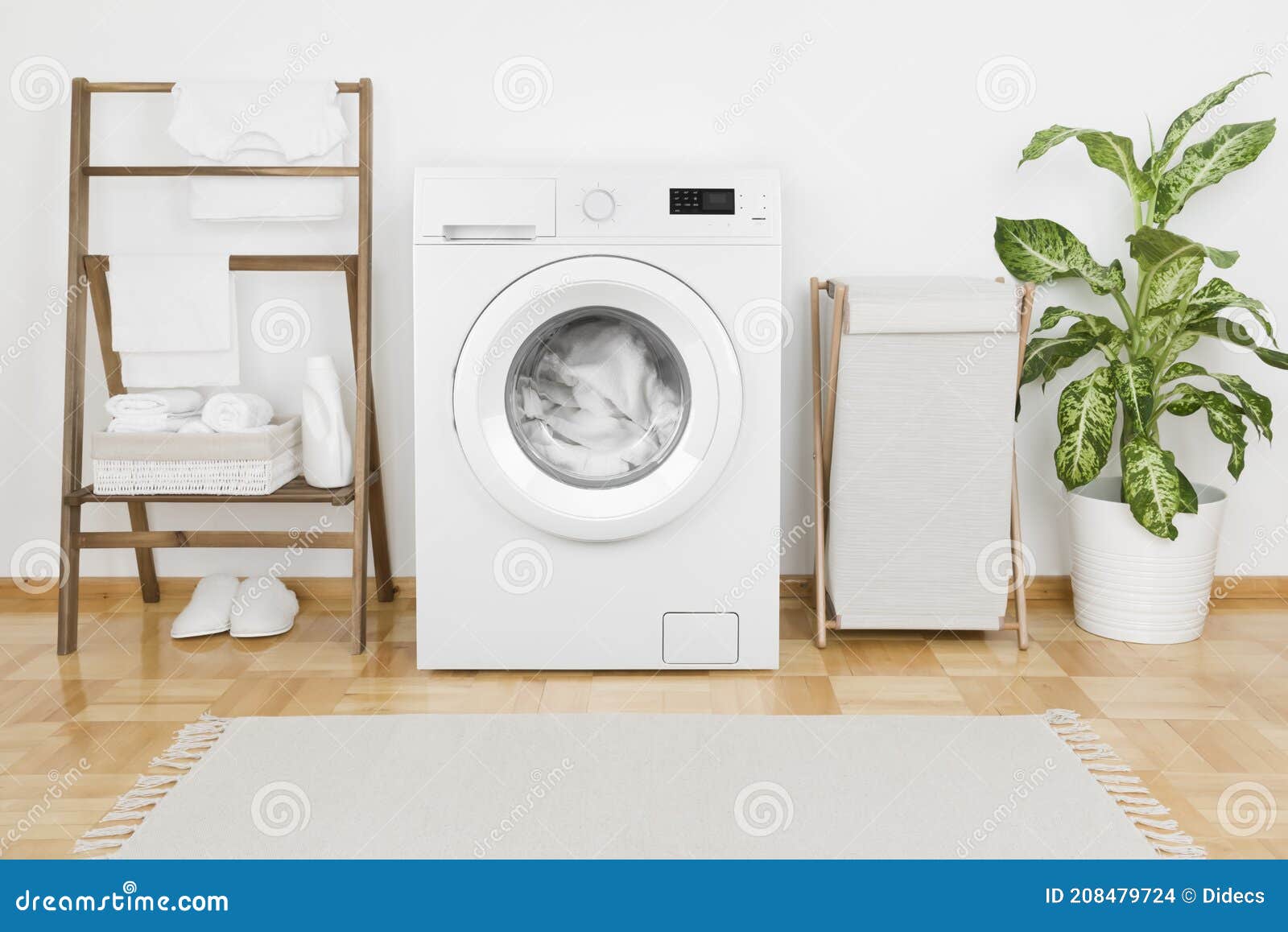 Interior of Laundry Room with Modern Washing Machine and Textile Stock ...