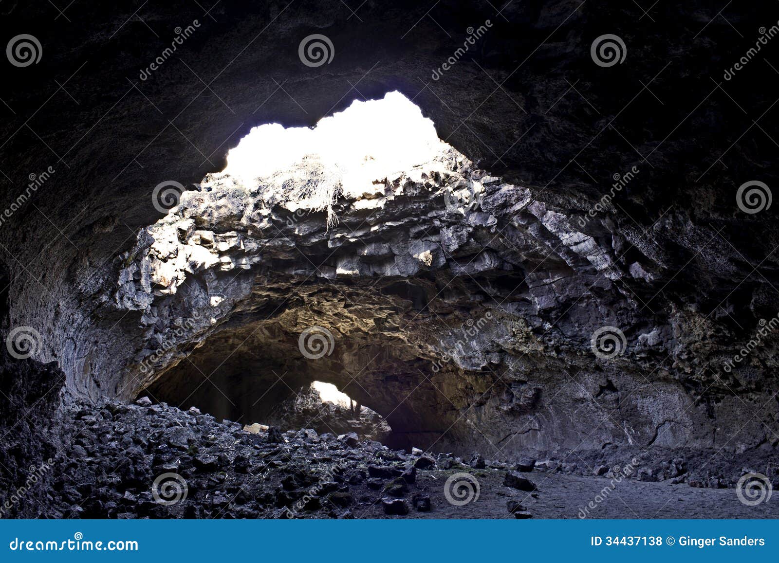 Interior Lava Tube Cave with Many Skylights Stock Photo - Image of ...