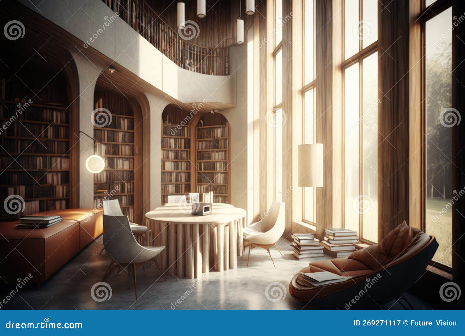 Interior of Library with Bookcases, Table and Big Windows Created Using ...