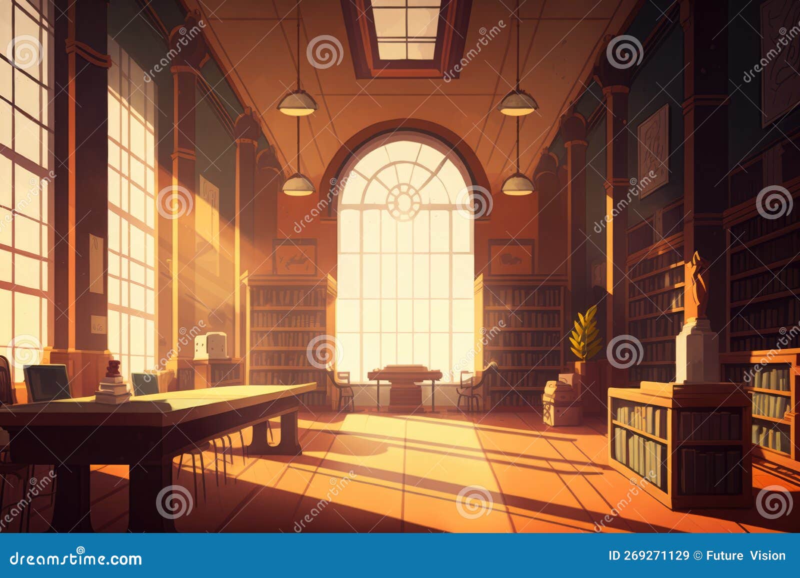 Interior of Library with Bookcases, Tables and Big Windows Created ...