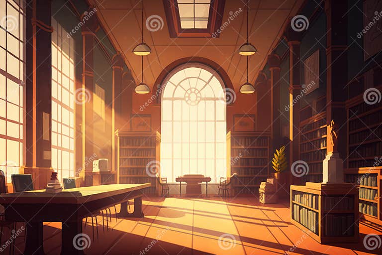 Interior of Library with Bookcases, Tables and Big Windows Created Using Generative Ai ...