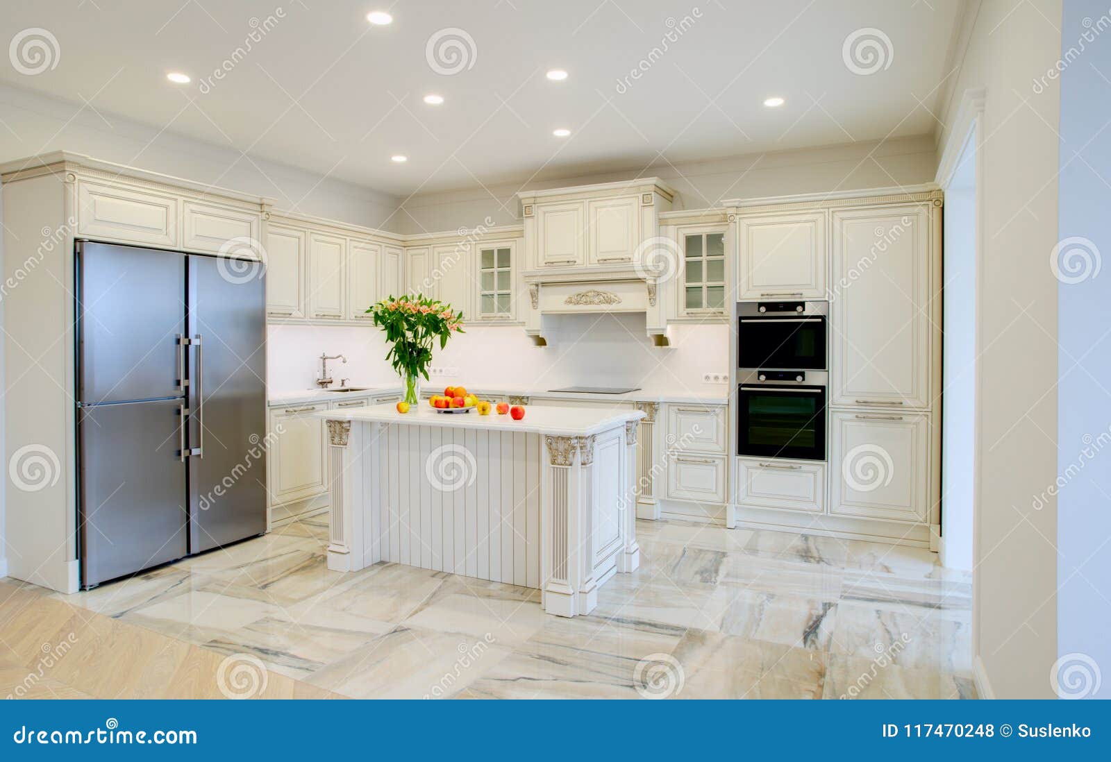 Interior of a Light Kitchen in a Classic Style with a Bouquet of Stock ...