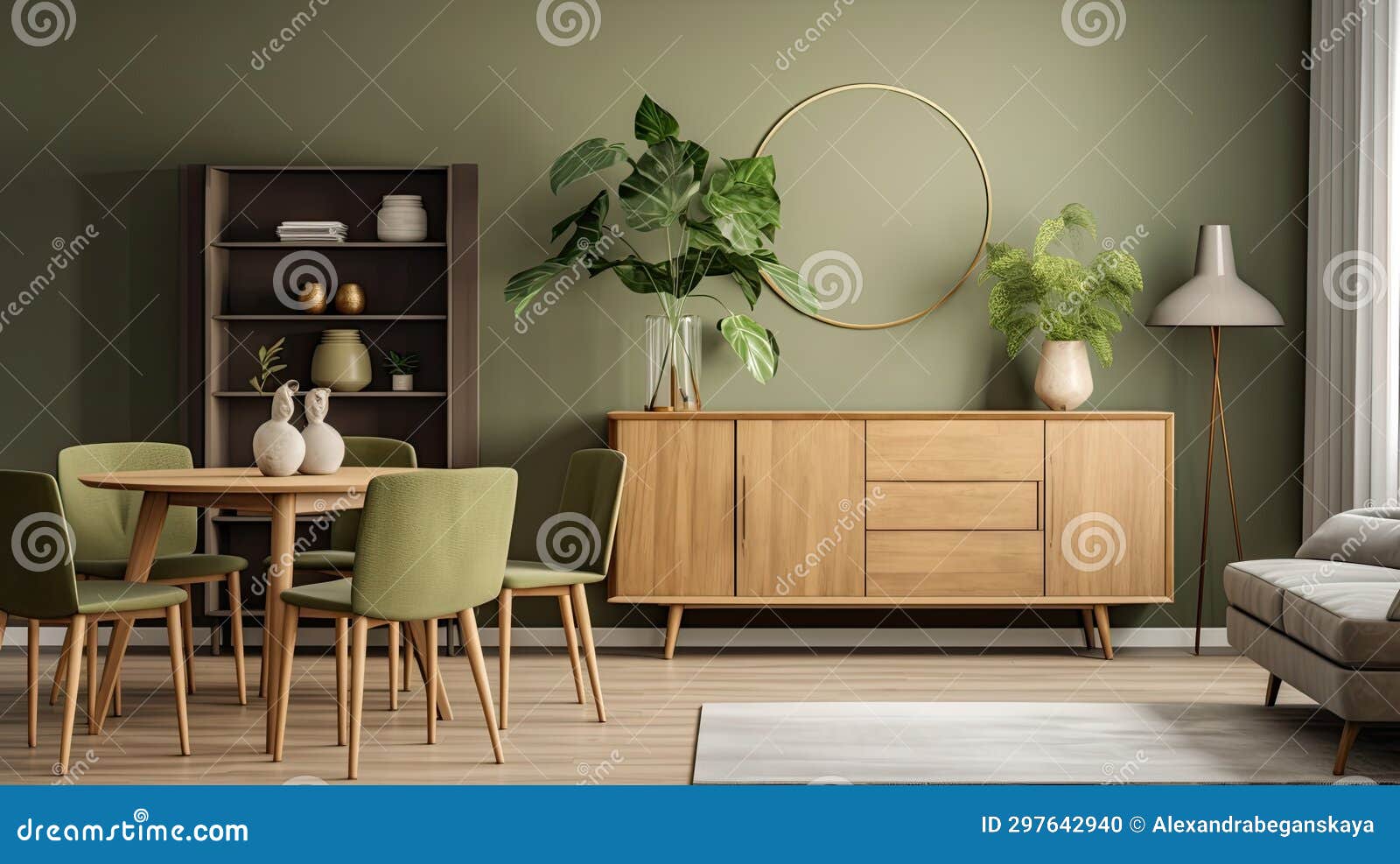 Interior of the Living Room with Dining Room with Olive-colored Walls ...