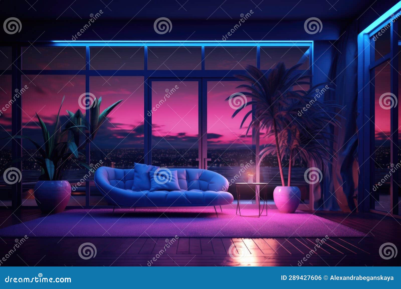 The Interior of the Living Room in High-tech Style with Neon Lighting ...