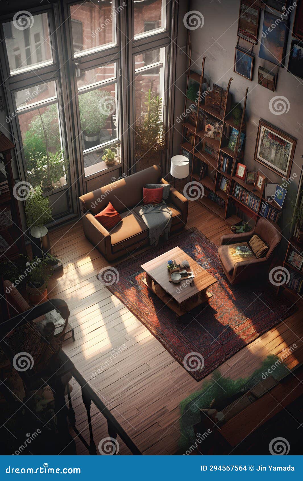 Interior of a Living Room with a Large Window. 3d Render Stock ...