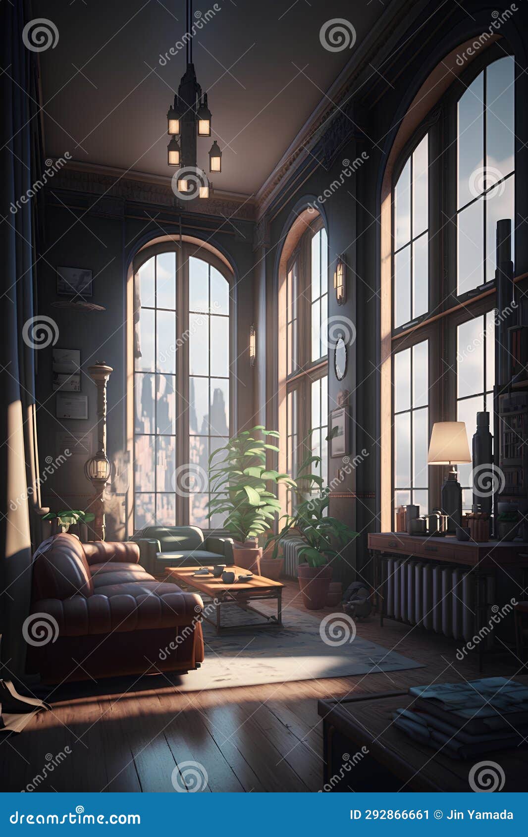 Interior of the Living Room with a Large Window. 3D Rendering Stock ...