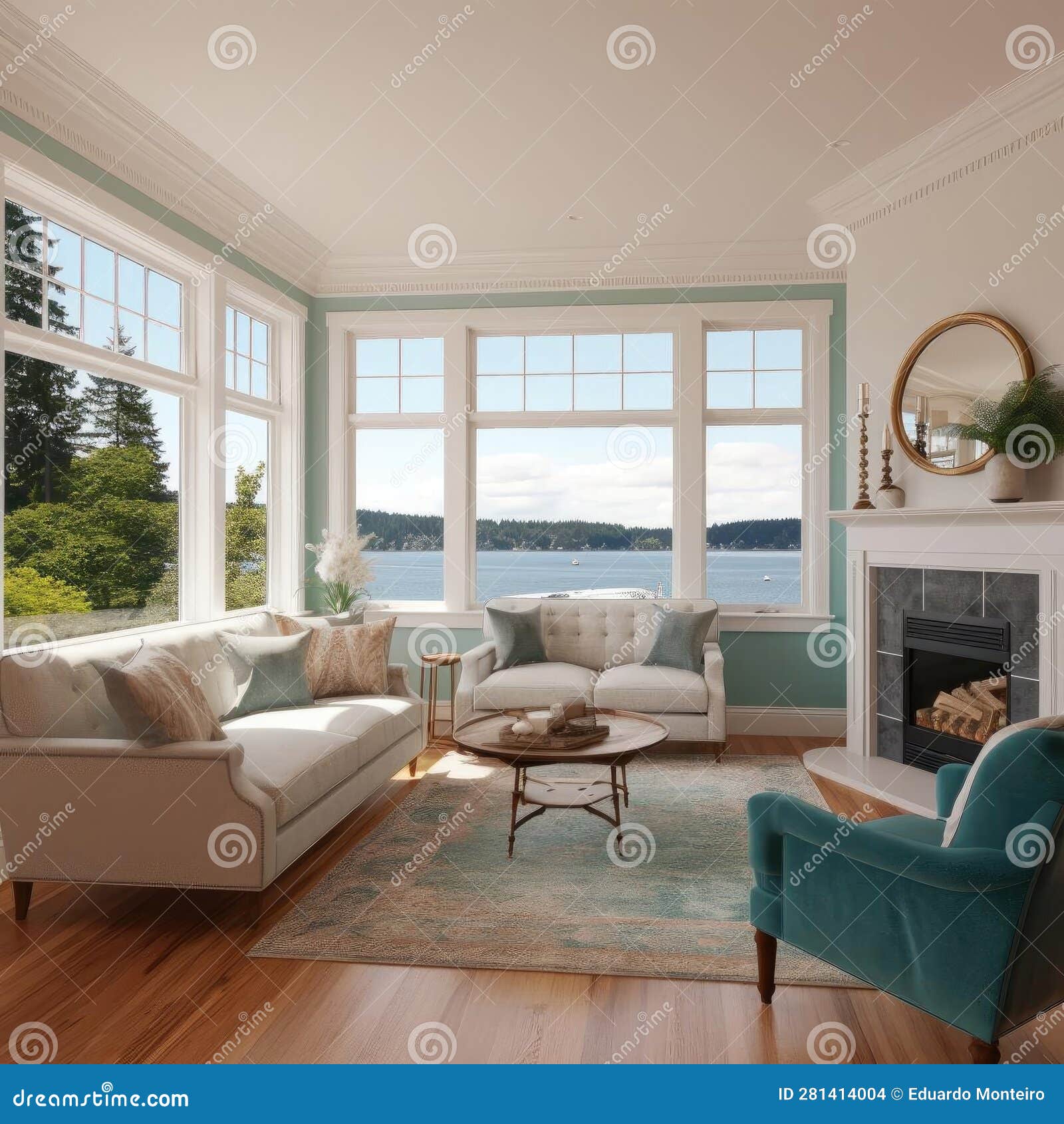 Interior of a Living Room with a Large Window Overlooking the Lake ...