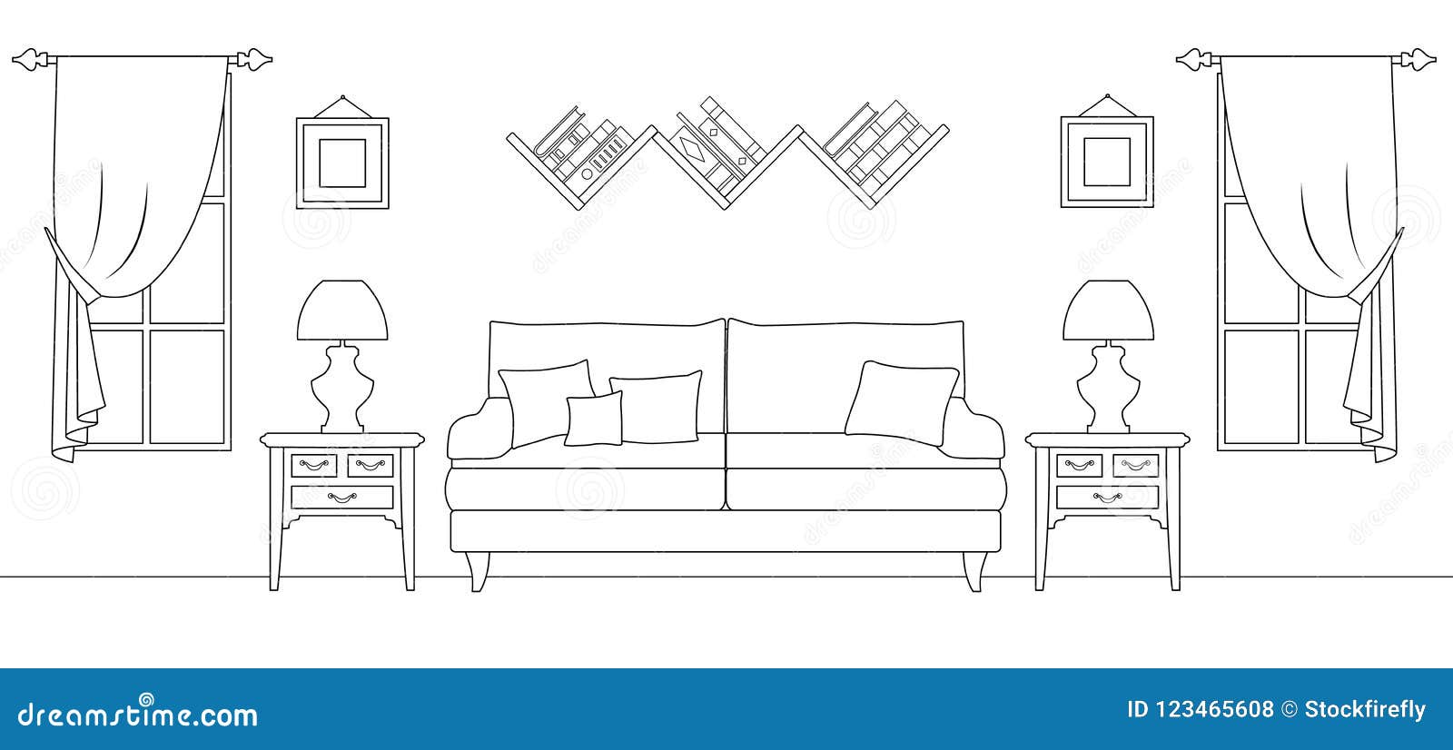 Interior of the Living Room in a Linear Style. Vector Outline. Stock ...