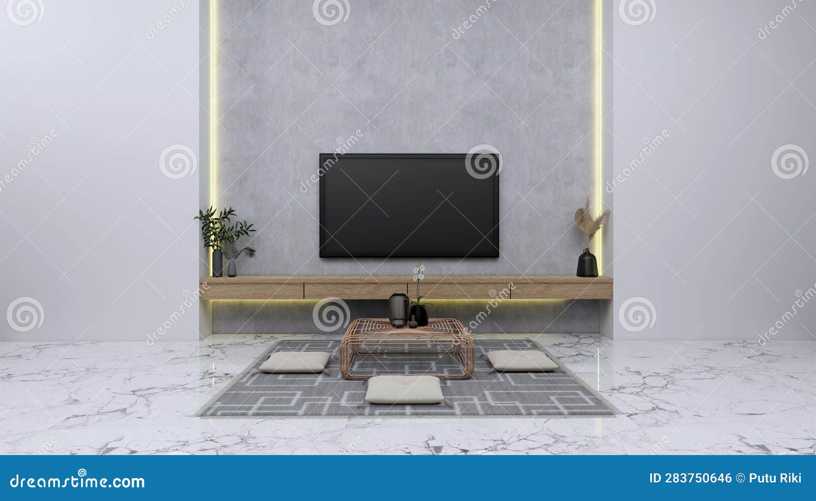 Interior Design Tv Set with Cement Texture and Wooden Cabinet Stock ...