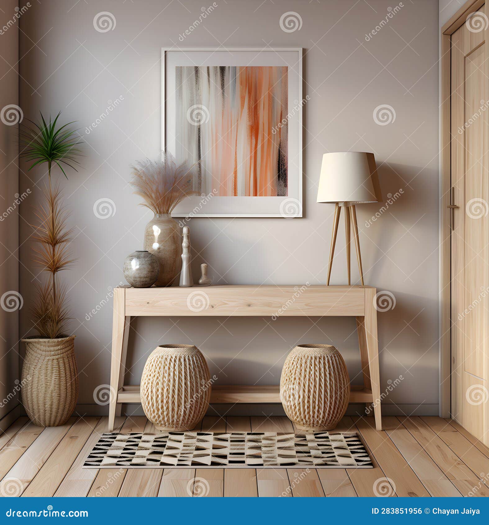 Interior of Living Room with Wooden Commode, 3D Render Stock ...