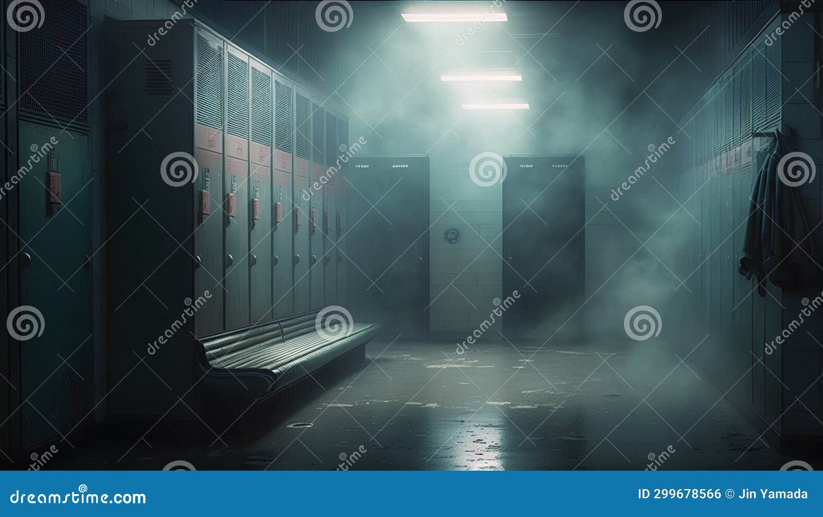 Interior of a Locker Room with Lights and Smoke. 3D Rendering Stock ...