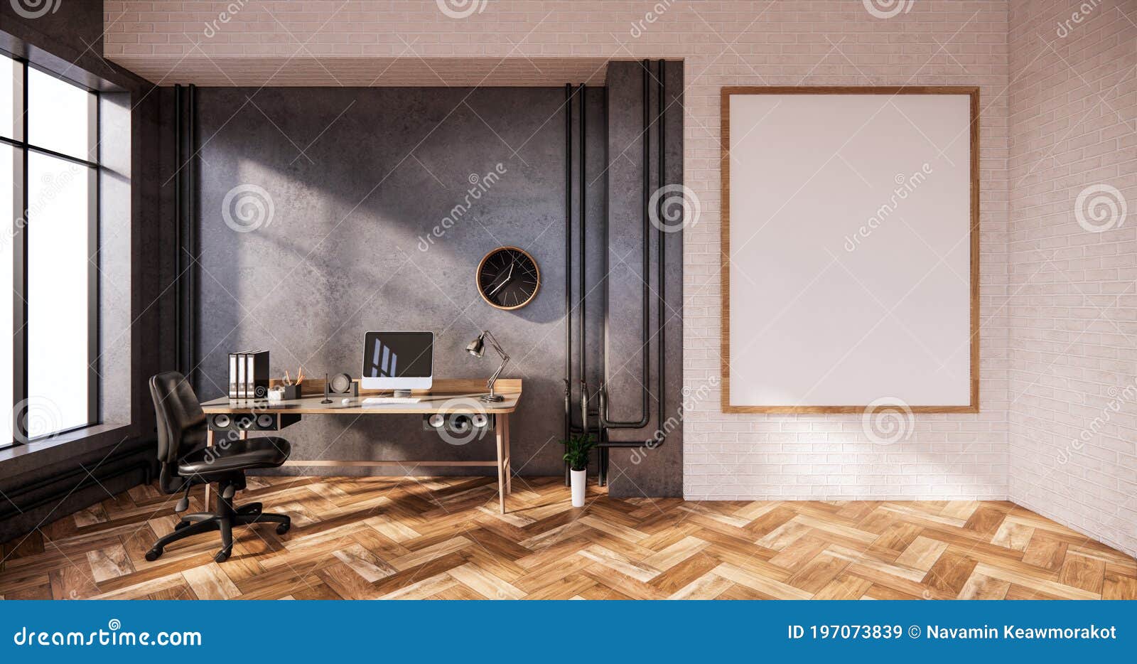 Interior Loft Style, Computer and Office Tools on Desk in Room Concrete ...