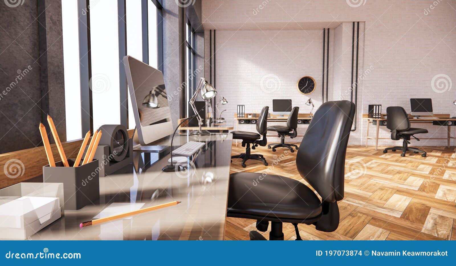 Interior Loft Style, Computer and Office Tools on Desk in Room Concrete ...