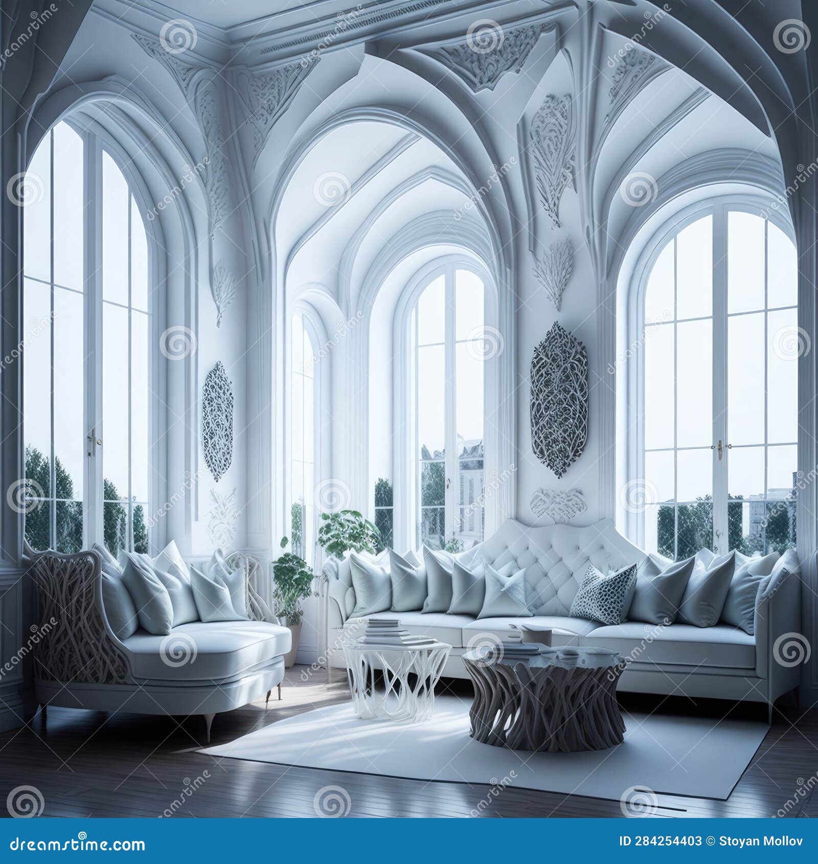 Interior of Luxury Eastern Living Room with Arched Windows and High ...