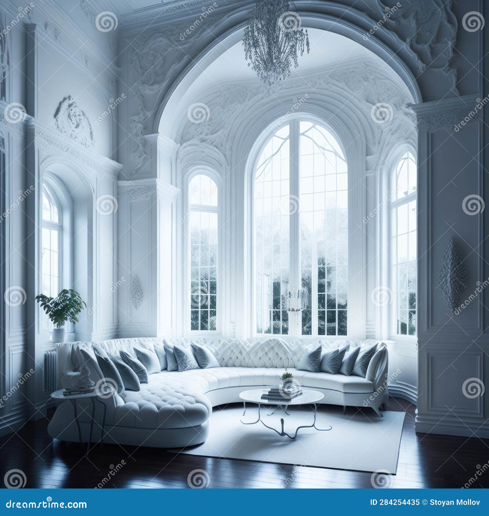 Interior of Luxury Eastern Living Room with Arched Windows and High ...