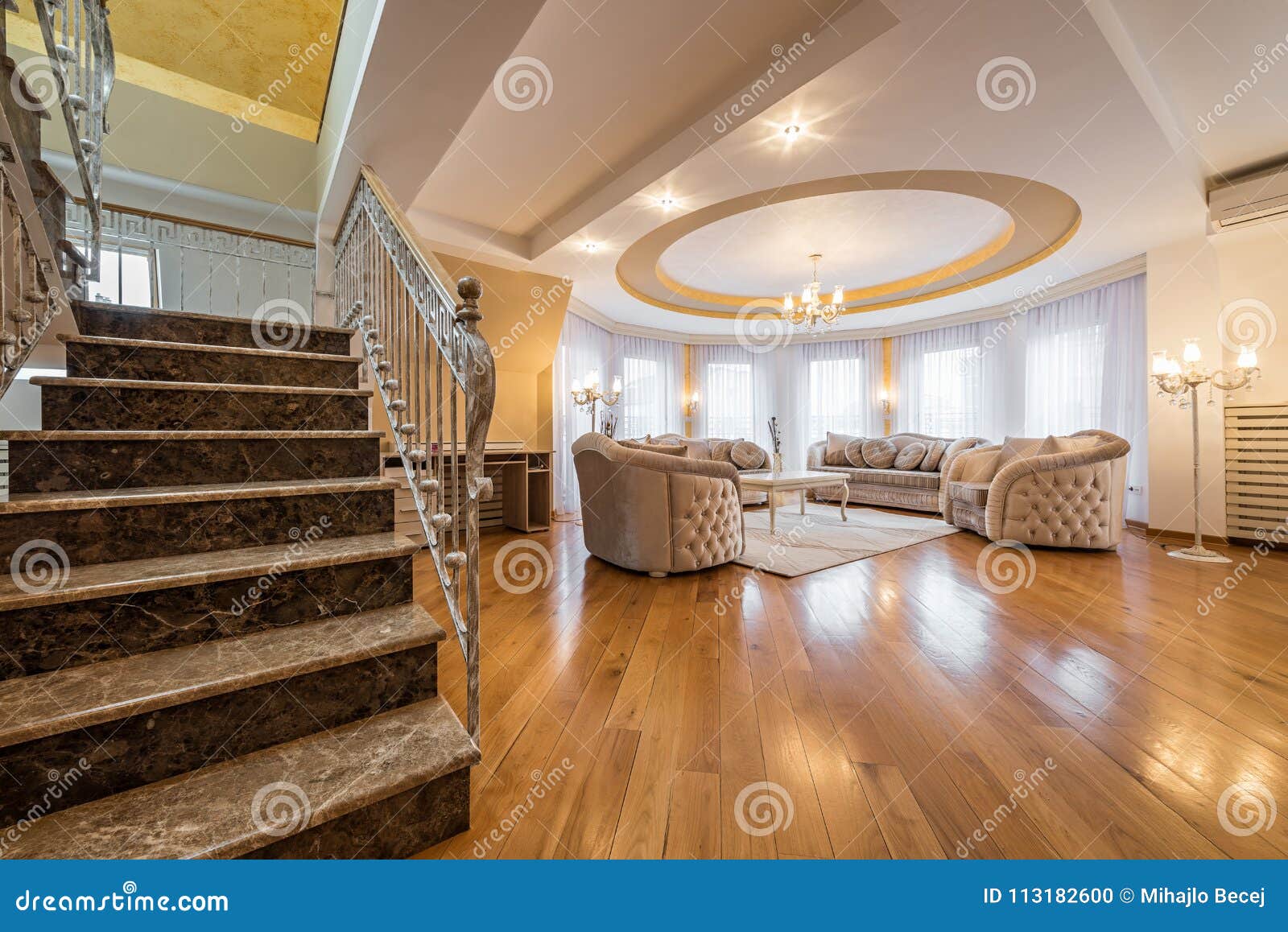 Interior of a Luxury Living Room with Round, Circle, Ceiling Stock ...