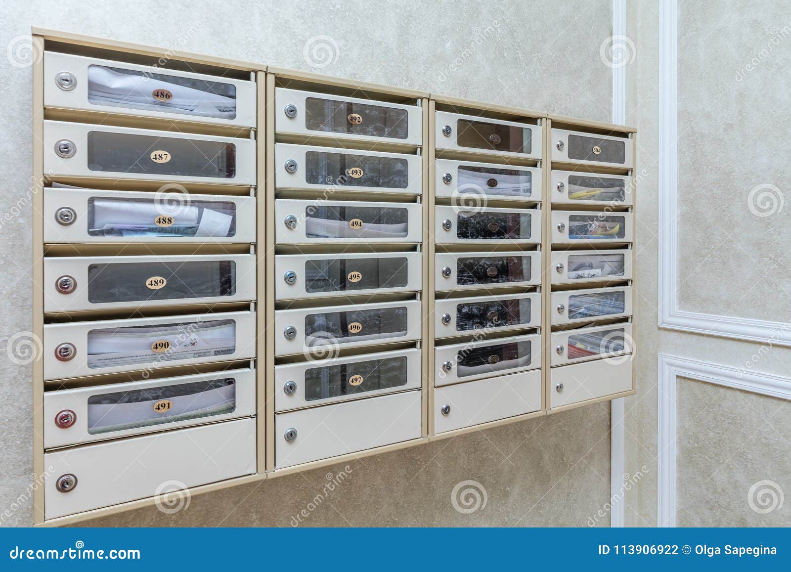 Interior with mailboxes stock photo. Image of empty - 113906922