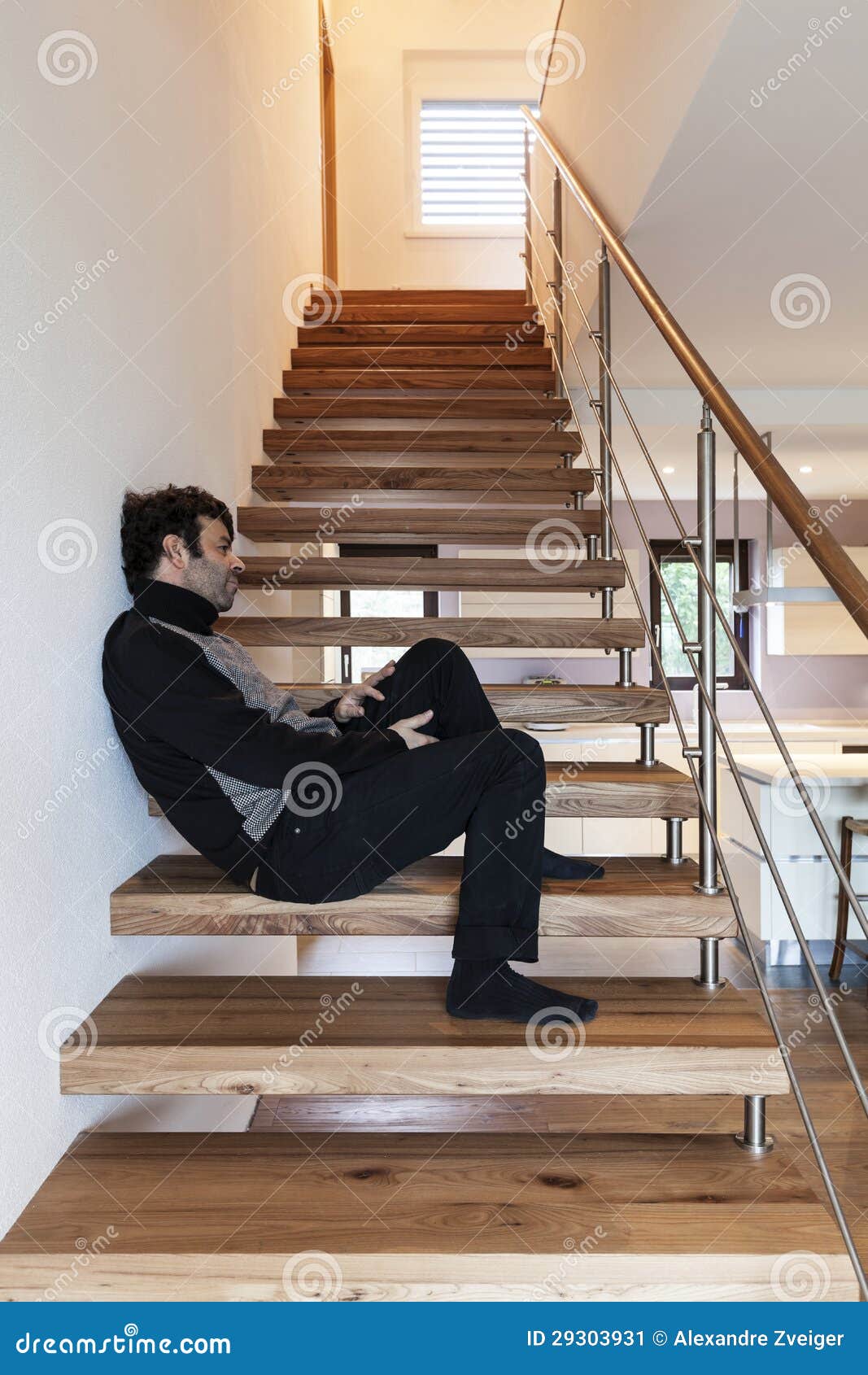 Interior, Man Sitting on the Stairs Stock Image - Image of home ...