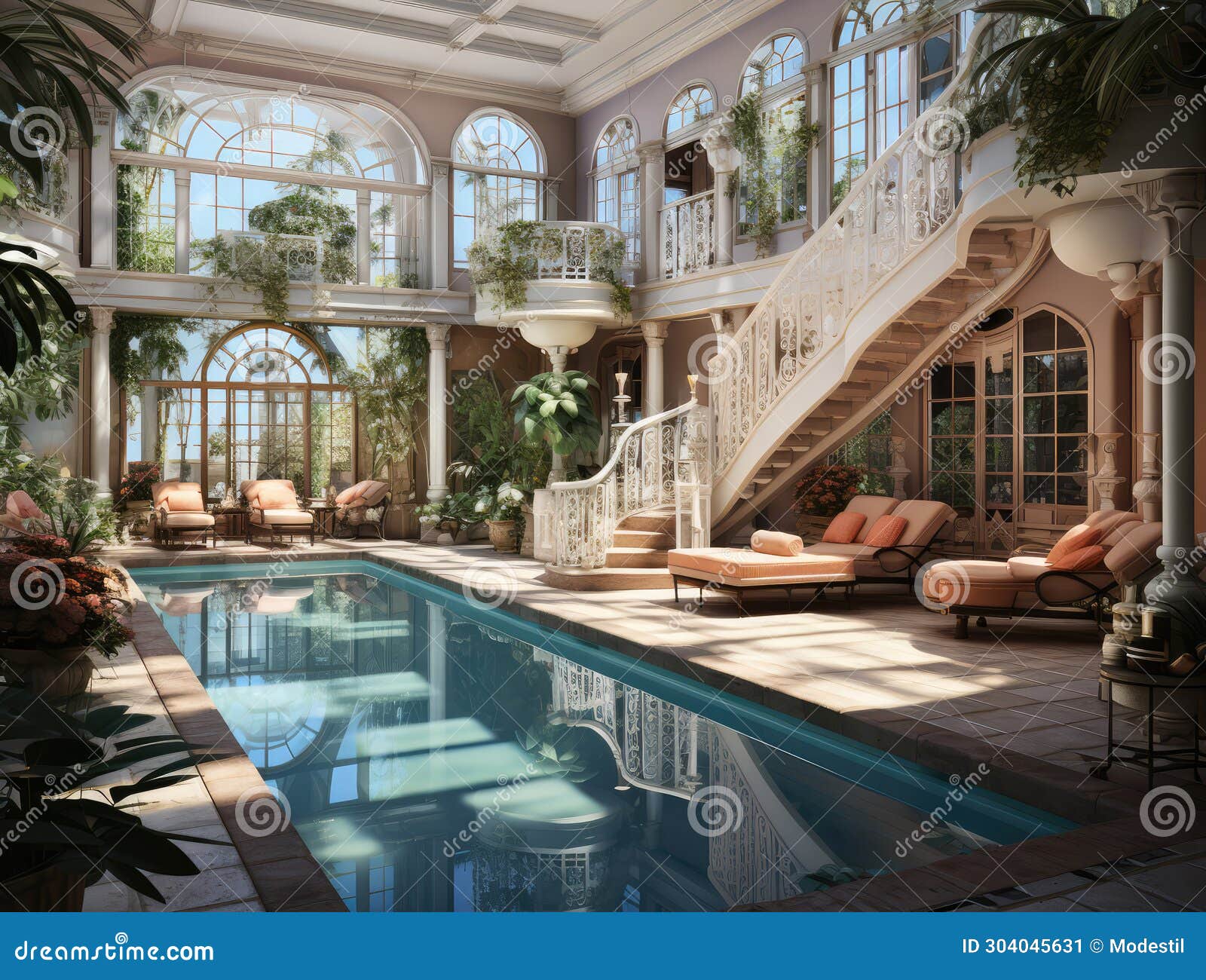 Interior of a Mansion with a Large Swimming Pool Stock Illustration ...
