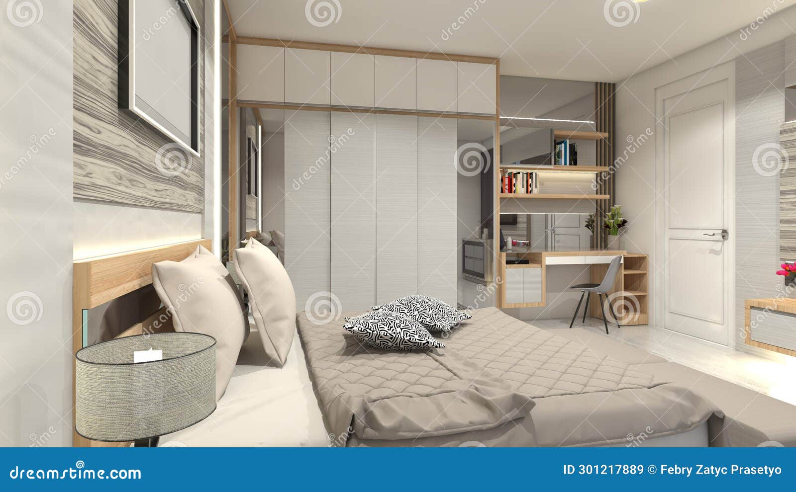Interior Master Bedroom Design with Wooden Wardrobe Cabinet and Table ...