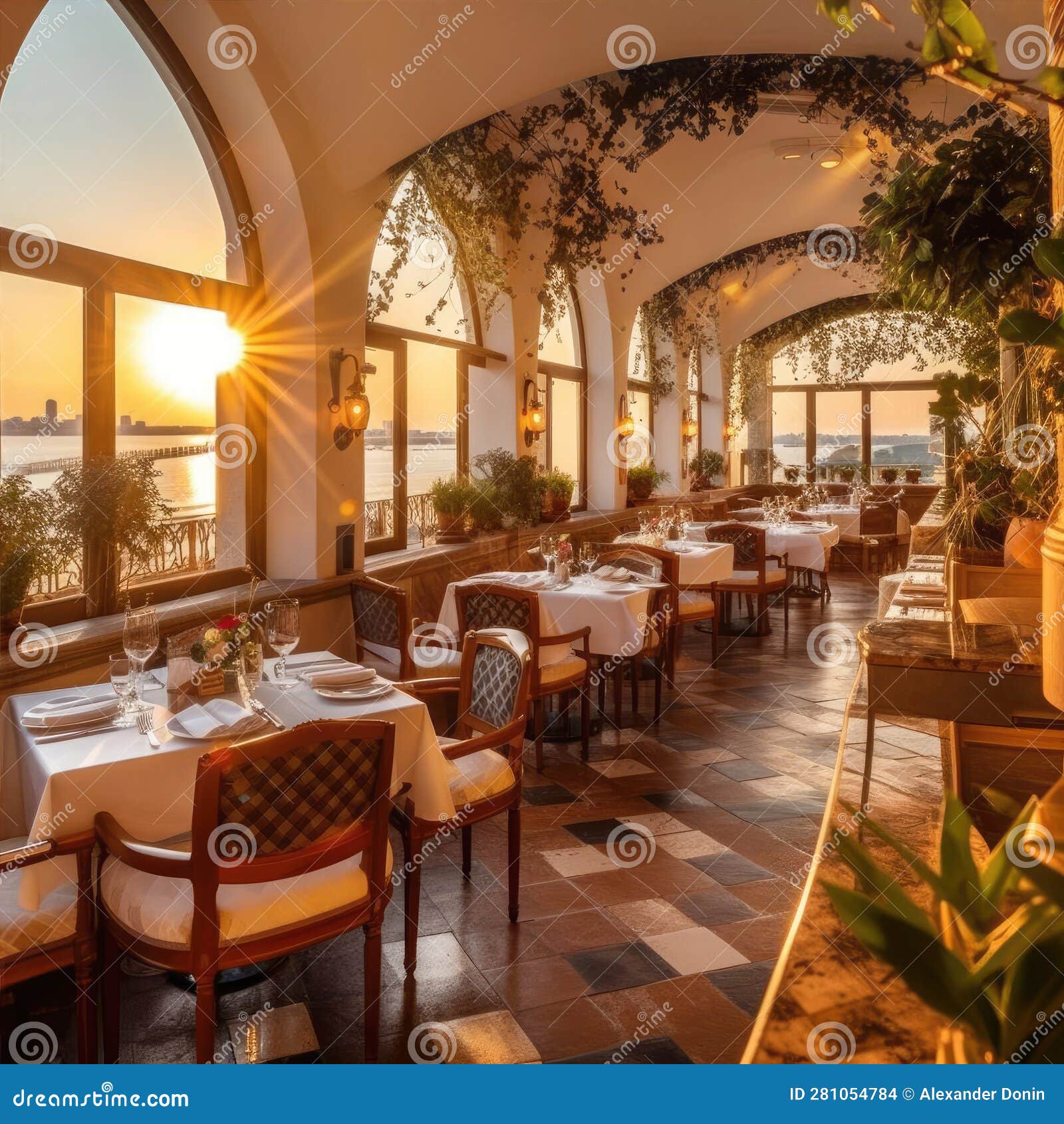 Interior of Mediterranean Restaurant with Laid Tables, in the Rays of ...
