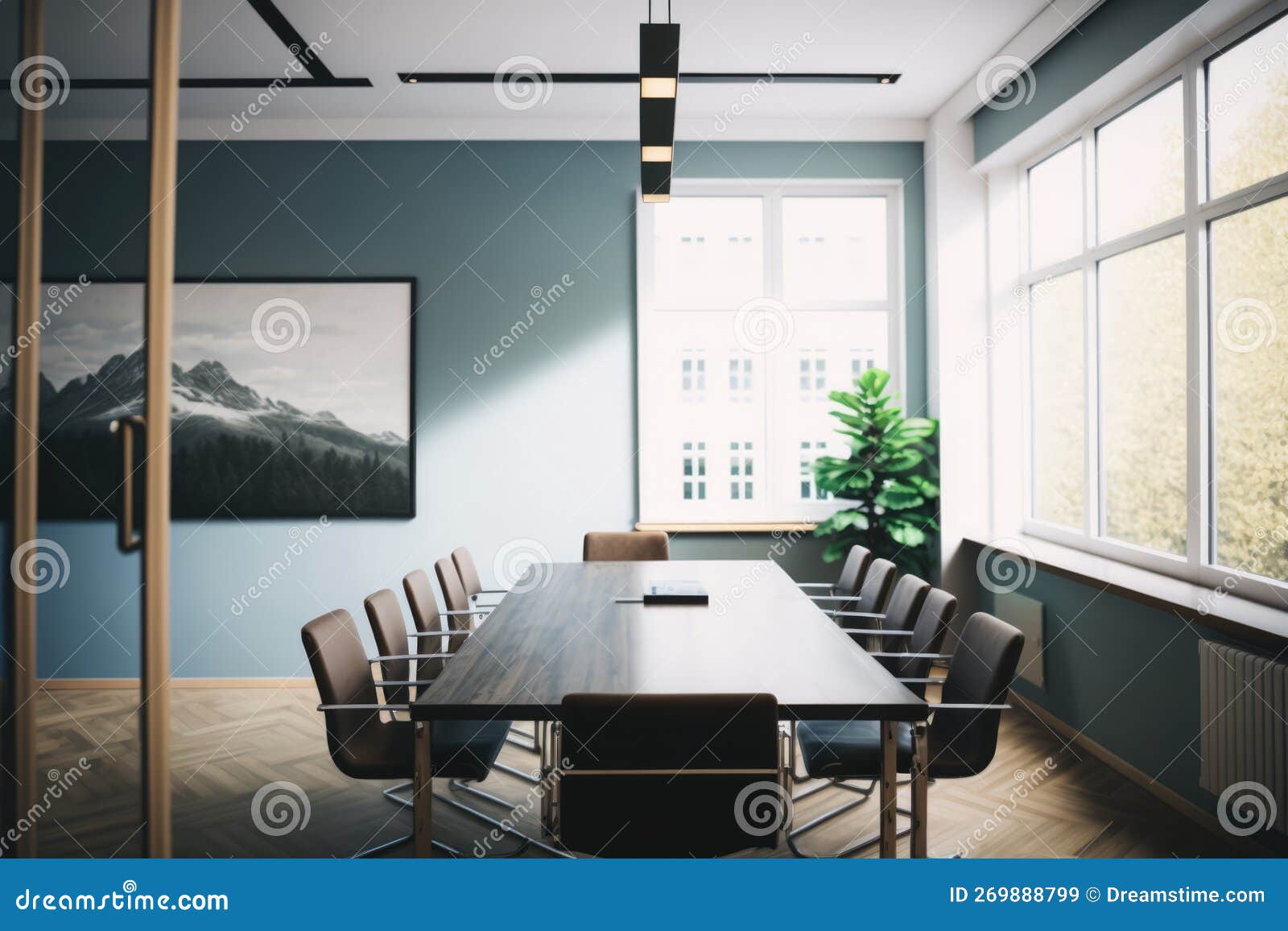 Interior of Meeting Room with Windows, Table and Chairs, Created Using ...