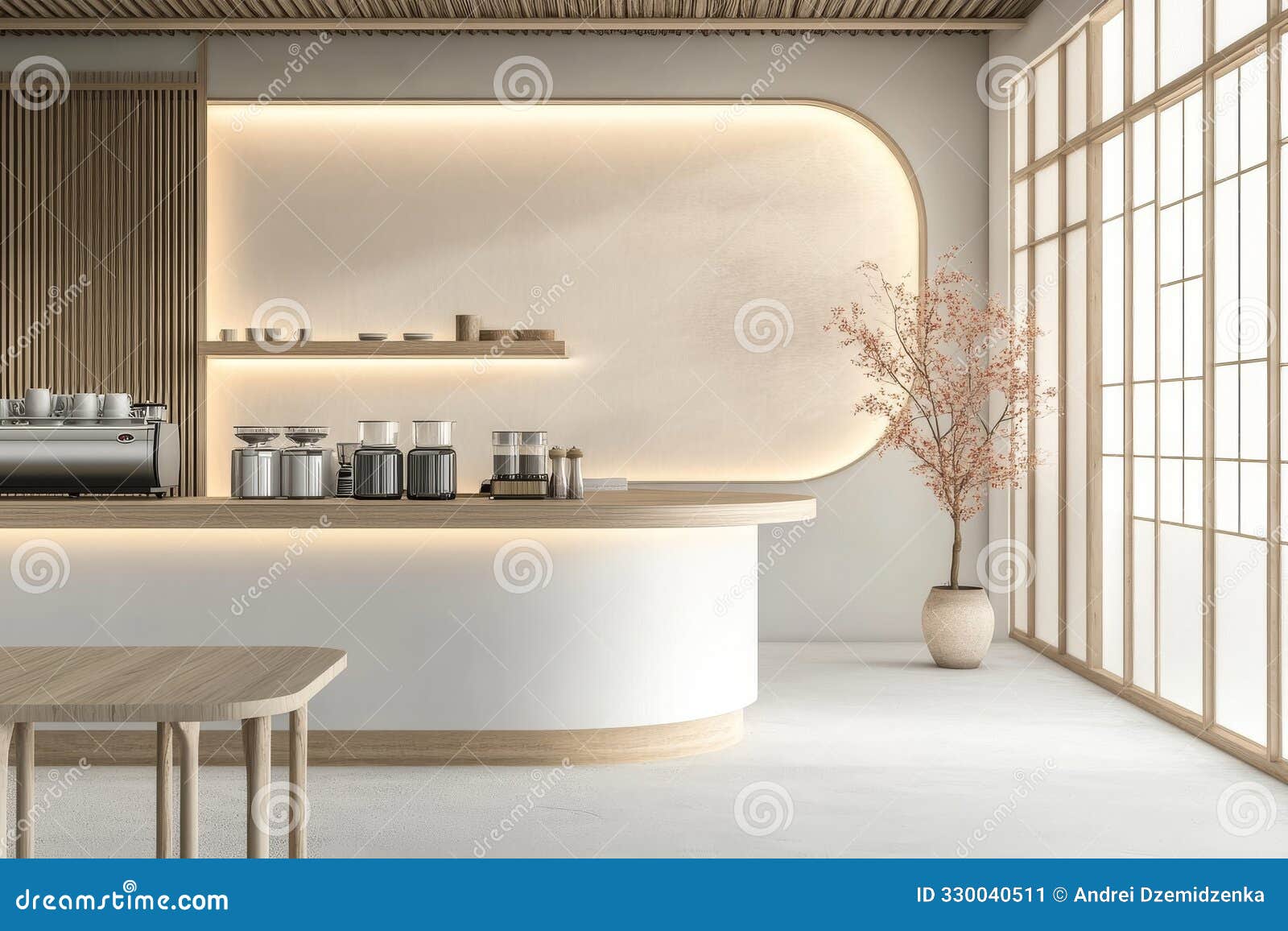 The Interior of a Minimalist Cafe Bar is Decorated with a Shiny Ivory ...